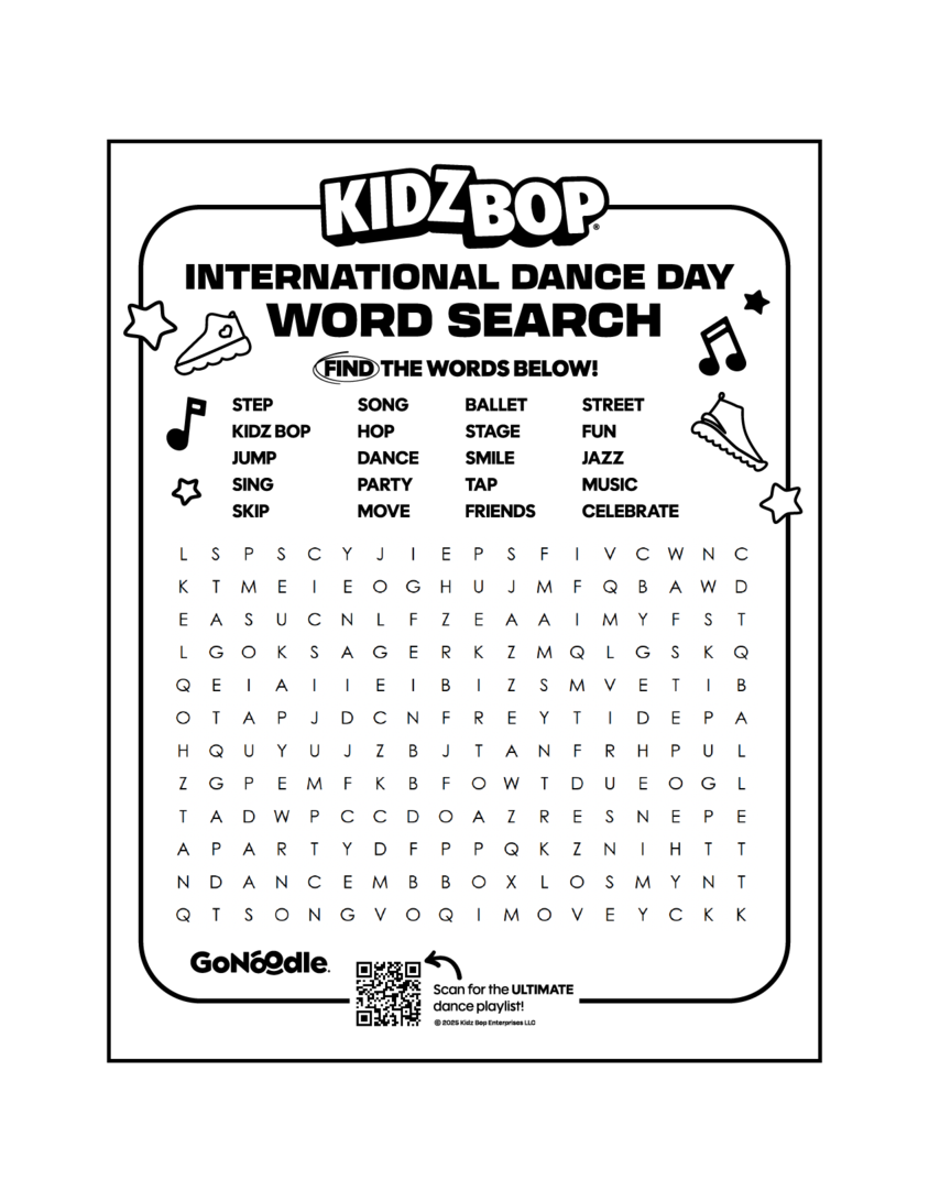 GoNoodle KIDZ BOP: International Dance Day Word Search