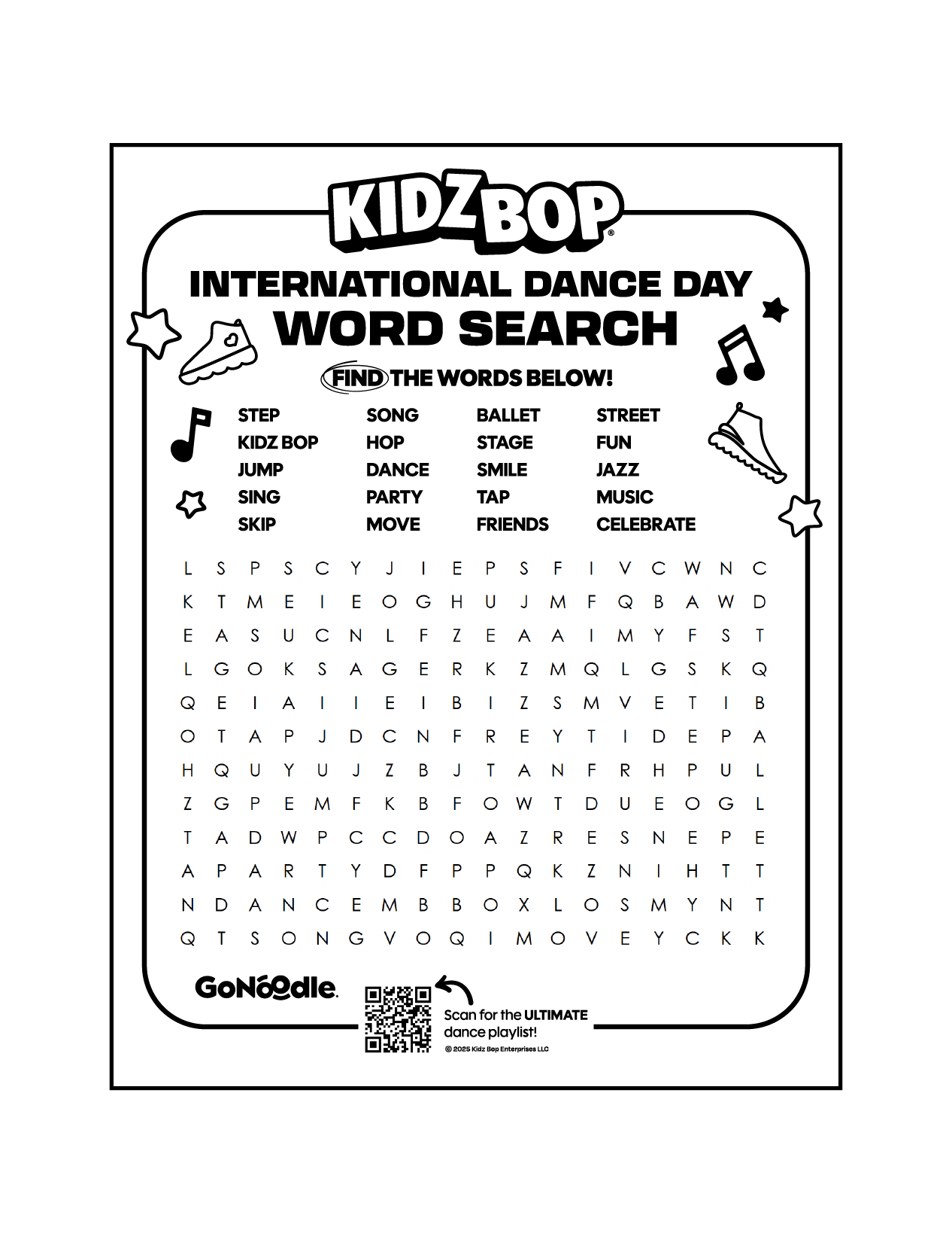 GoNoodle KIDZ BOP: International Dance Day Word Search