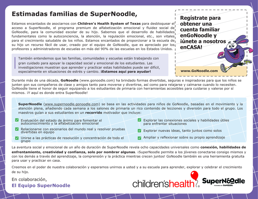 GoNoodle Childrens Health Texas Family Letter (Spanish)