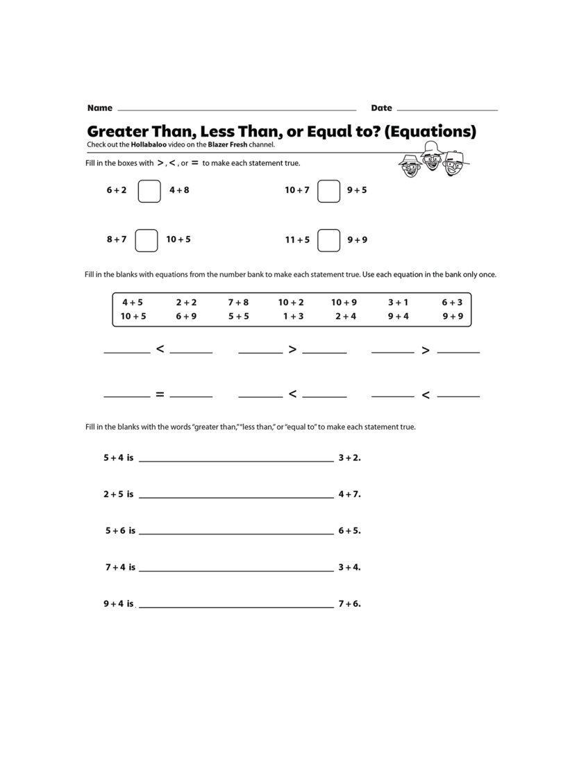 GoNoodle Greater Than Less Than Or Equal Equations