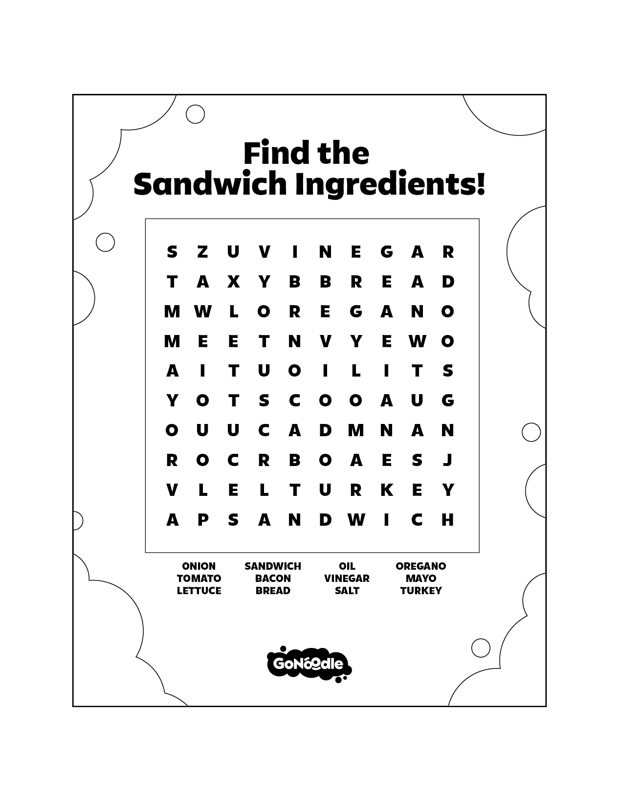 GoNoodle Sandwich Word Search