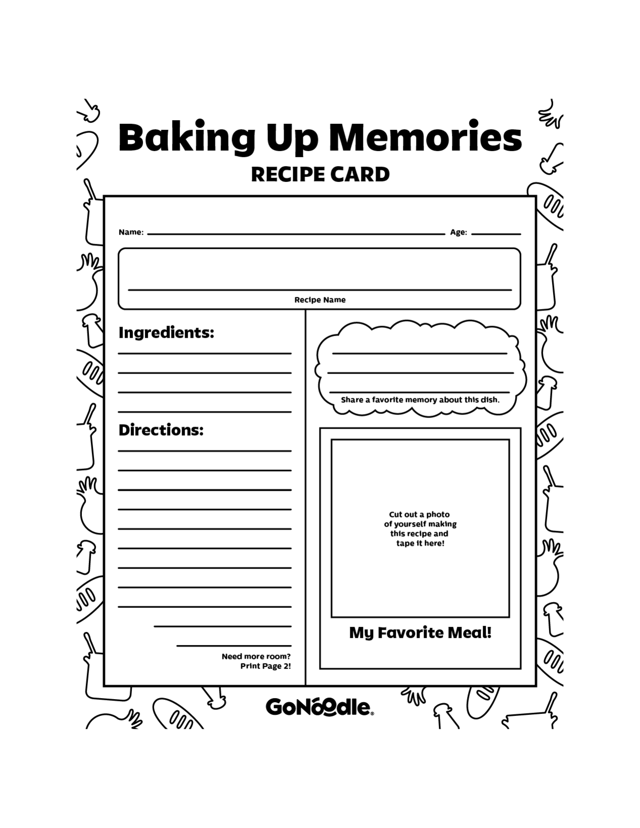 GoNoodle Baking Up Memories Recipe Card