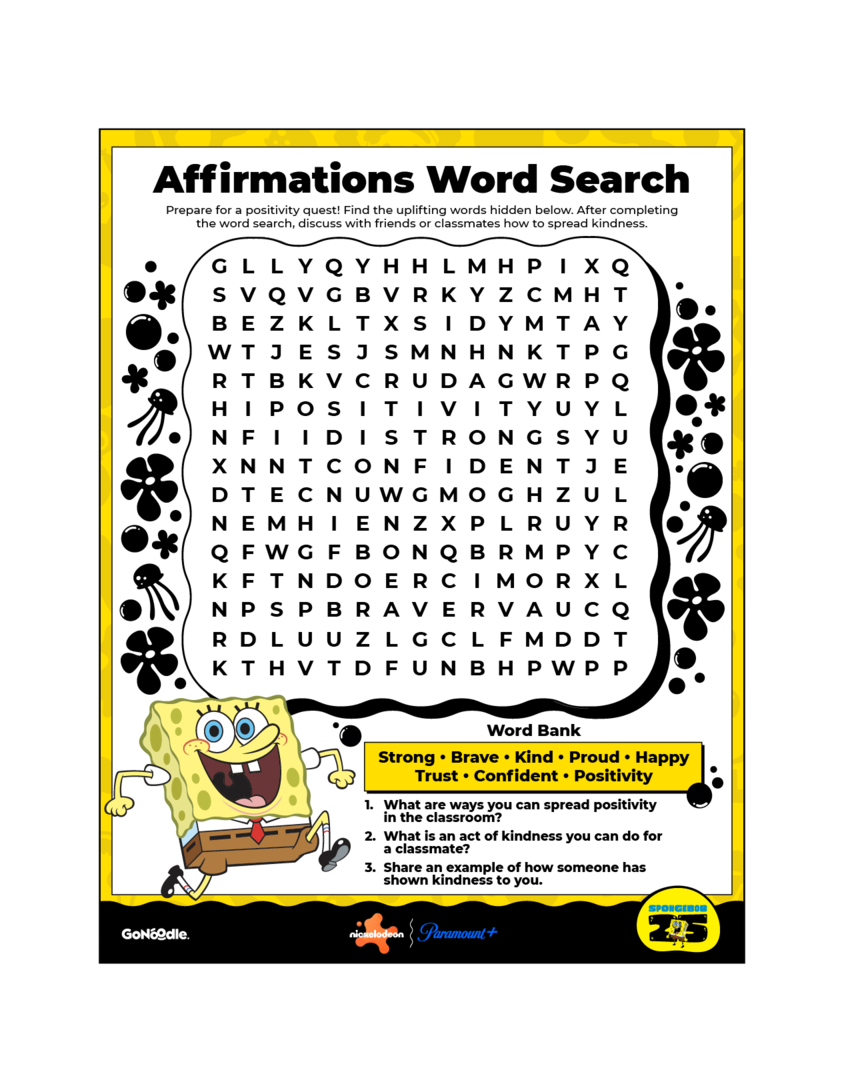 GoNoodle Affirmations Word Search